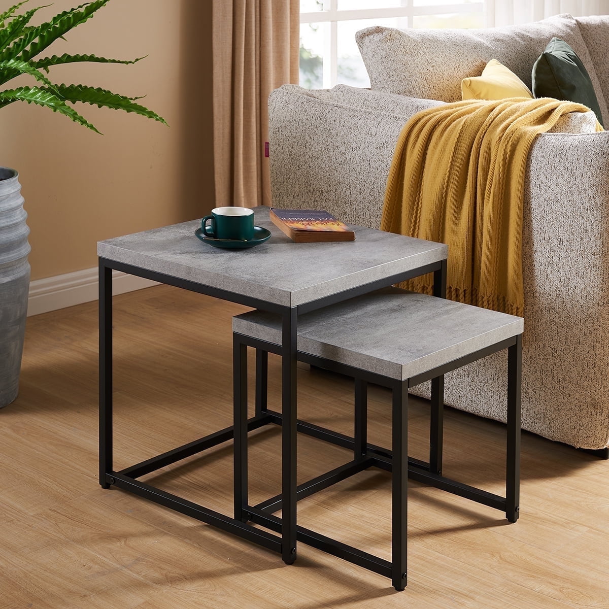Square Nesting Coffee Table set of 2, Modern Industrial, Wood and Metal ...