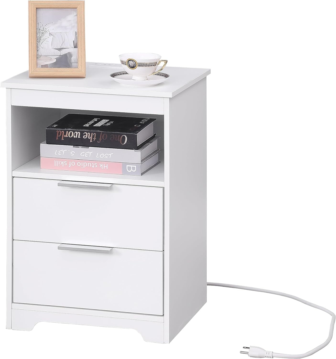 Censi Nightstand with Charging Station, End Table with 2 Drawers & Open ...
