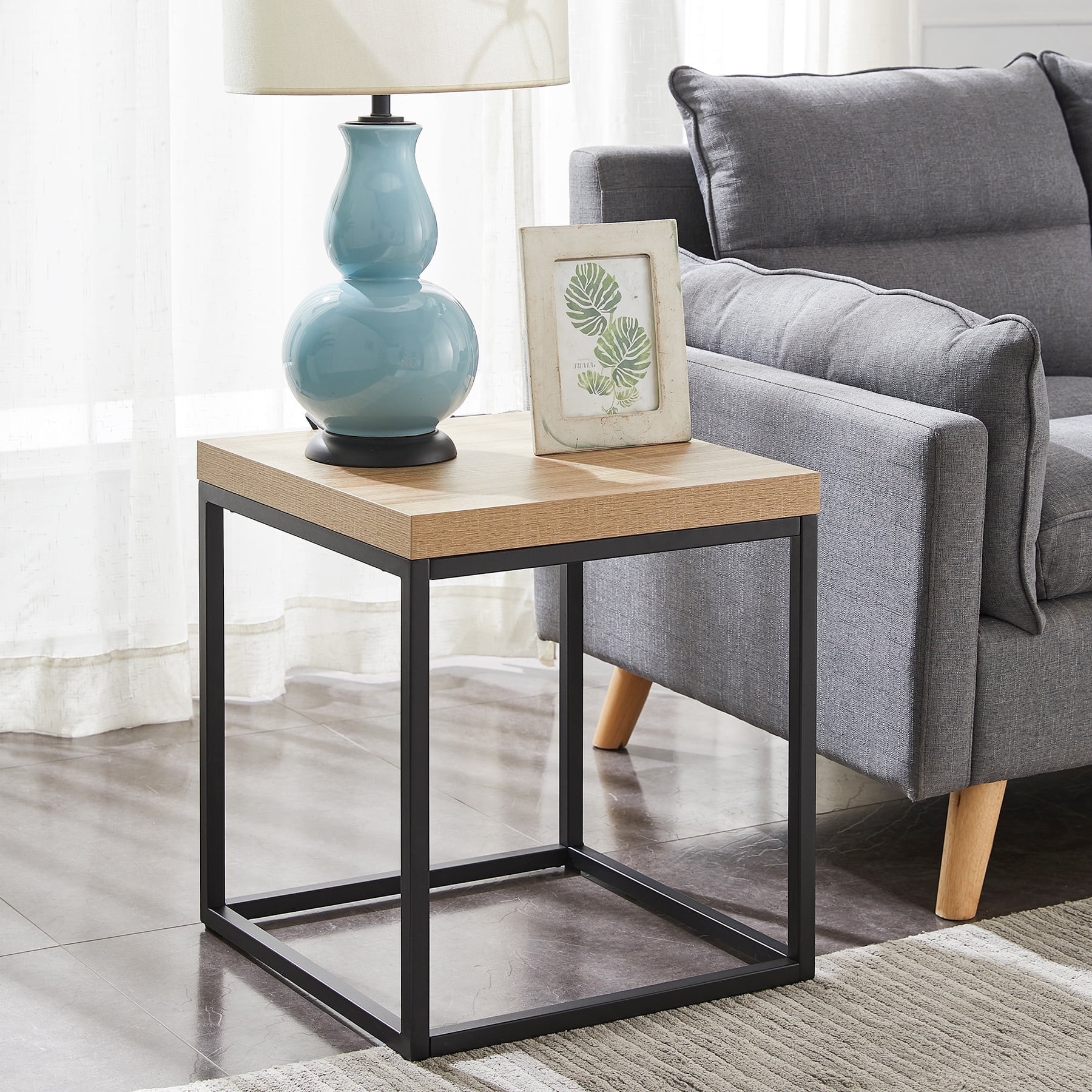 Censi Side Table, Modern Square Wood and Metal Coffee Table, Natural ...