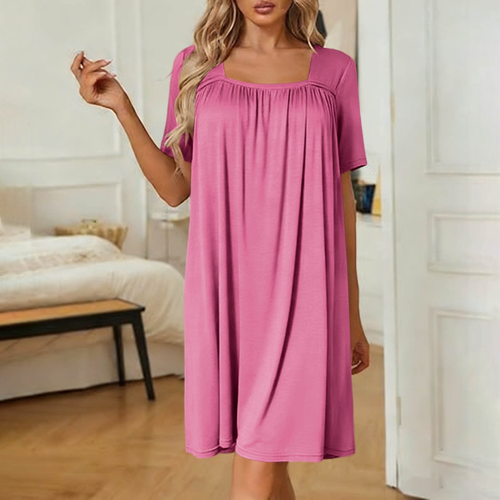 Censtreet Nightgowns for Women Square Neck Sleepshirt Short Sleeve ...