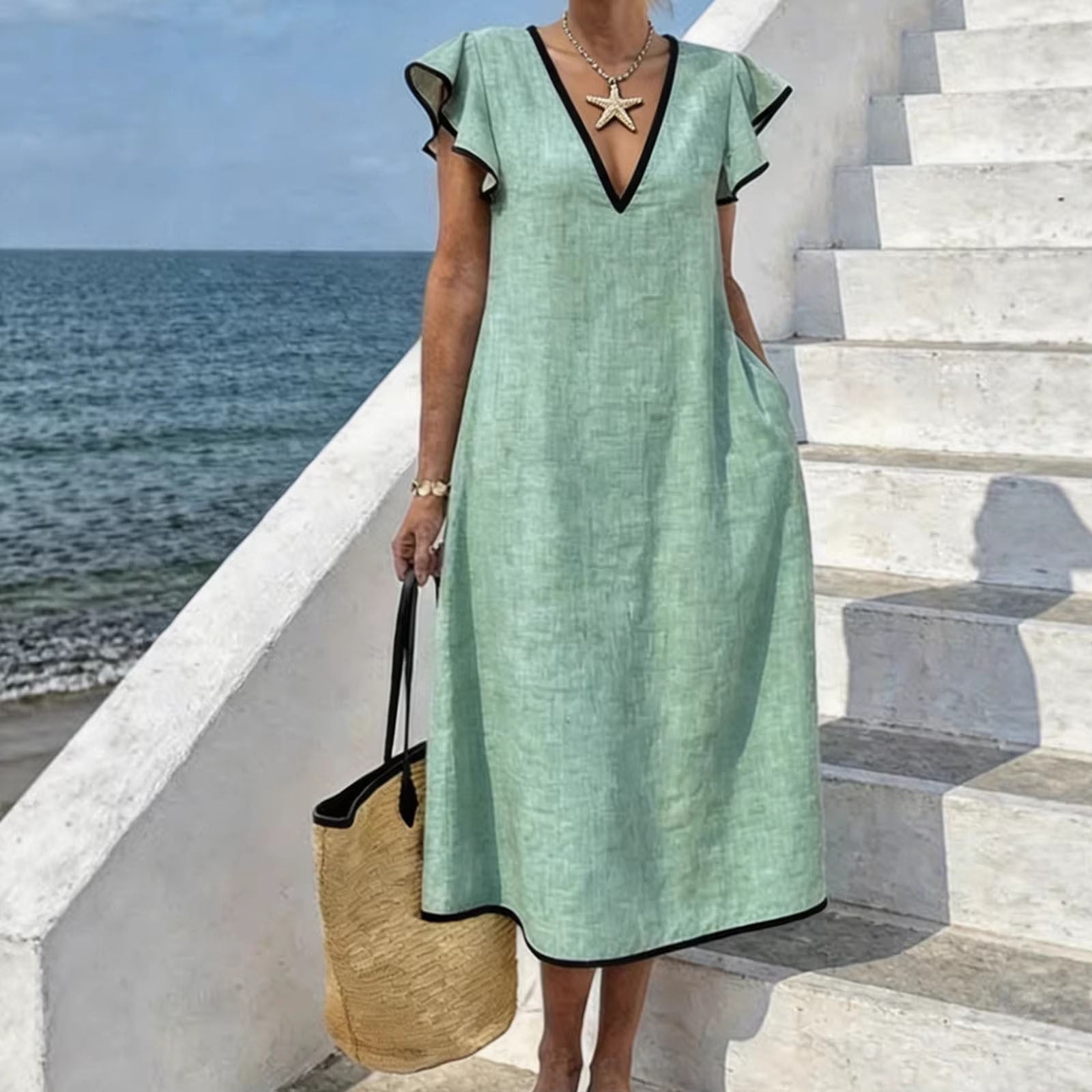 Censtreet Shift Dress for Women V Neck Petal Cuff Short Sleeves Solid ...