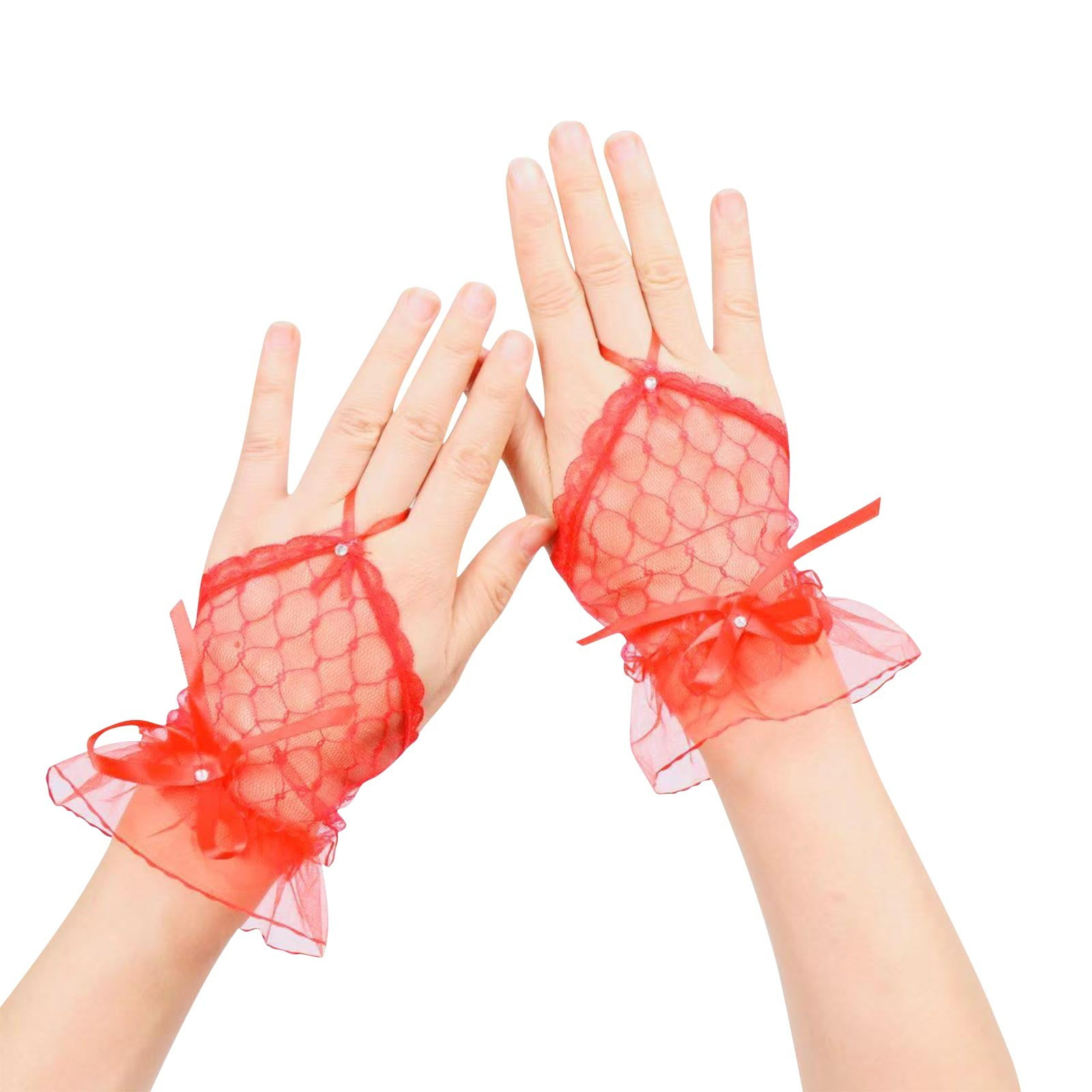 Censtreet Short Lace Mesh Gloves Tulle Border with Pearls Wedding Opera ...