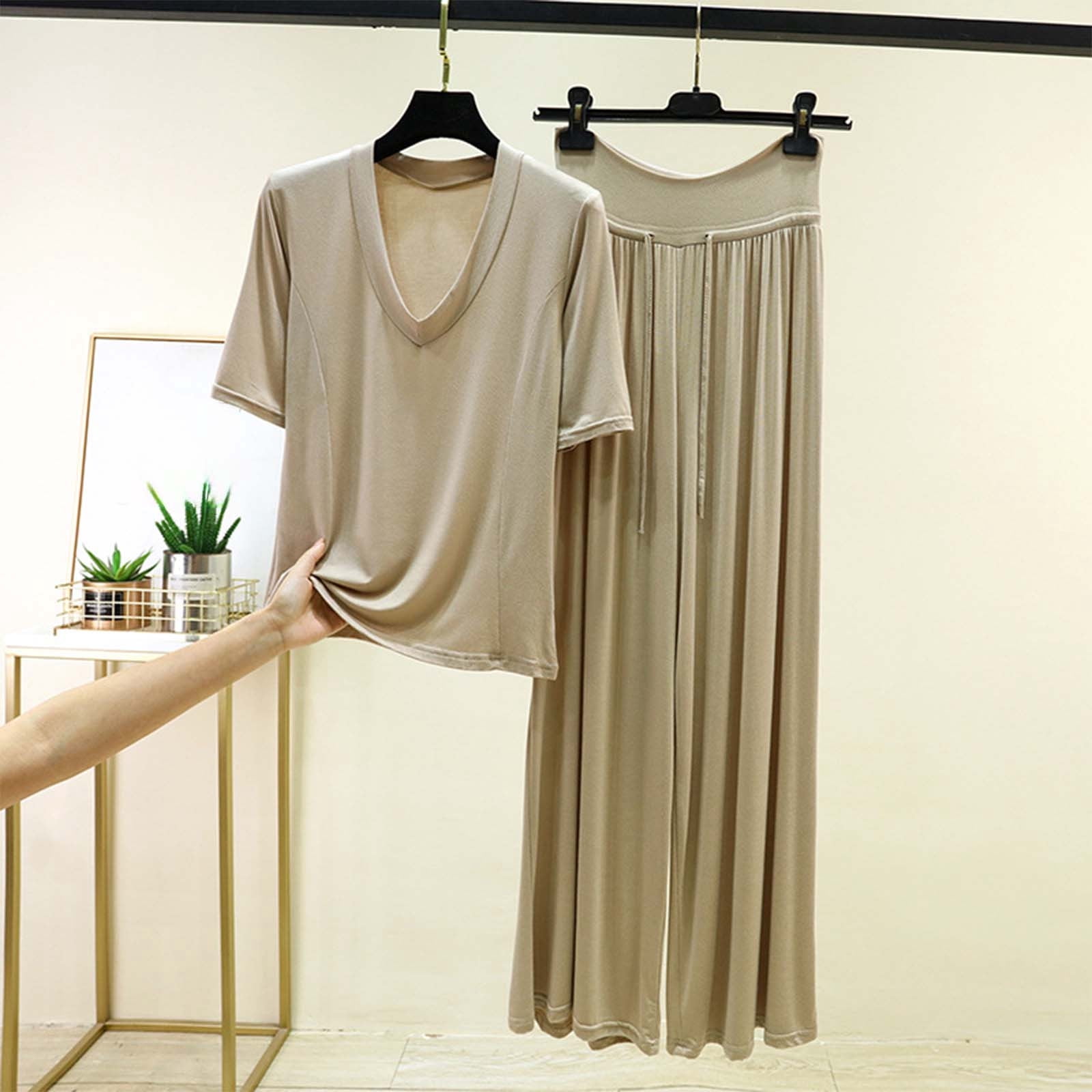 Censtreet Soft Thin Sleepwear Sets for Women V Neck Short-Sleeved Tops ...