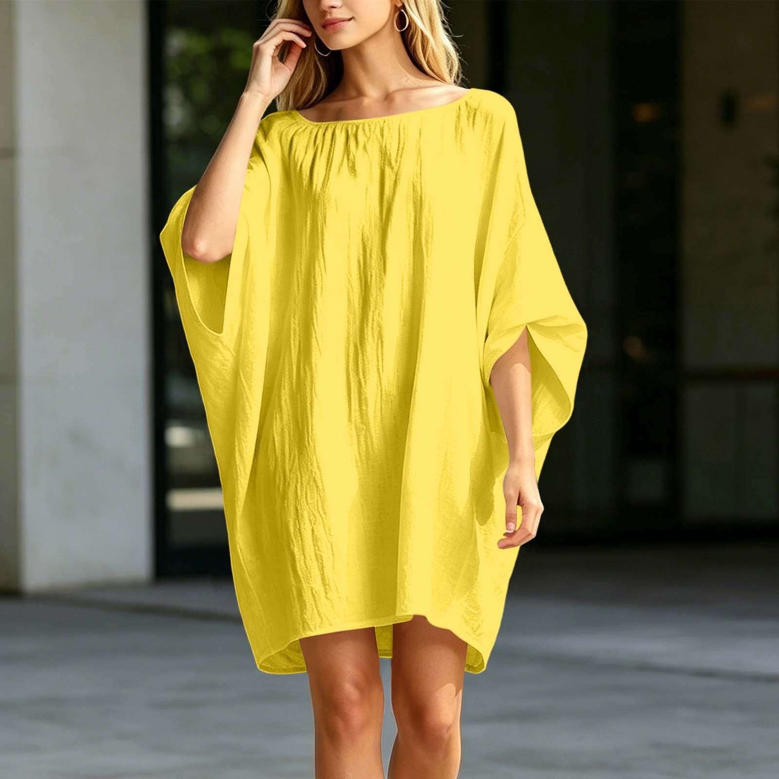 Censtreet Women Casual Loose Batwing Sleeve Dress Solid Color Round ...