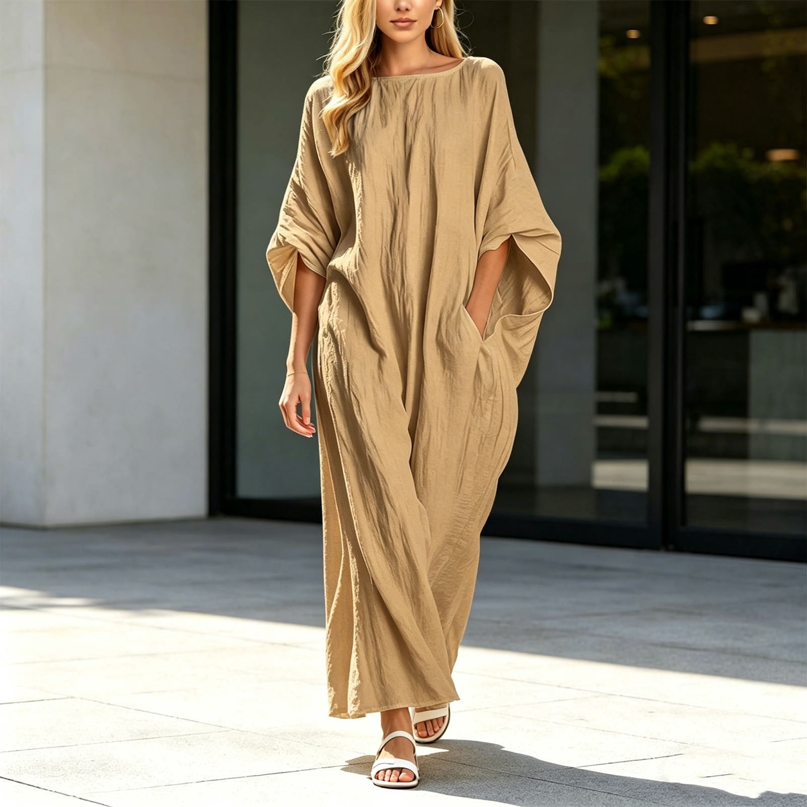 Censtreet Women Casual Loose Batwing Sleeve Dress Solid Color Round ...