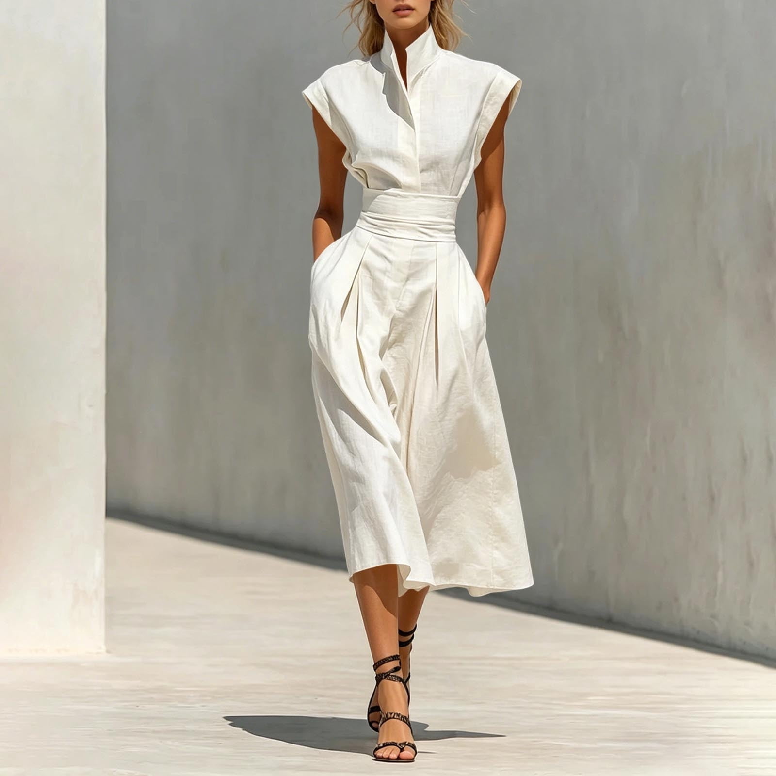 Censtreet Women Sleeveless Midi Dress High Waist Pleated A Line Stand ...
