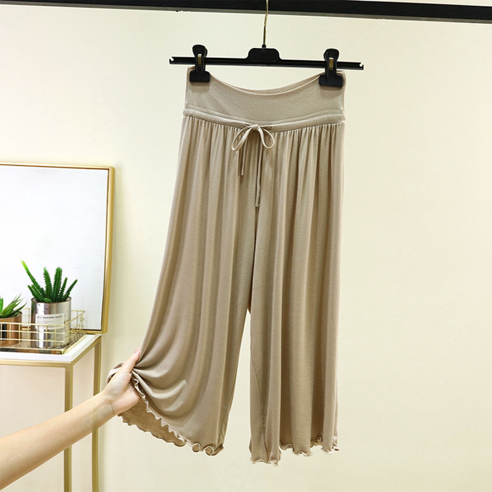 Censtreet Women's Capri Wide-Leg Pants Pajama Pants Summer Thin Ruffled ...