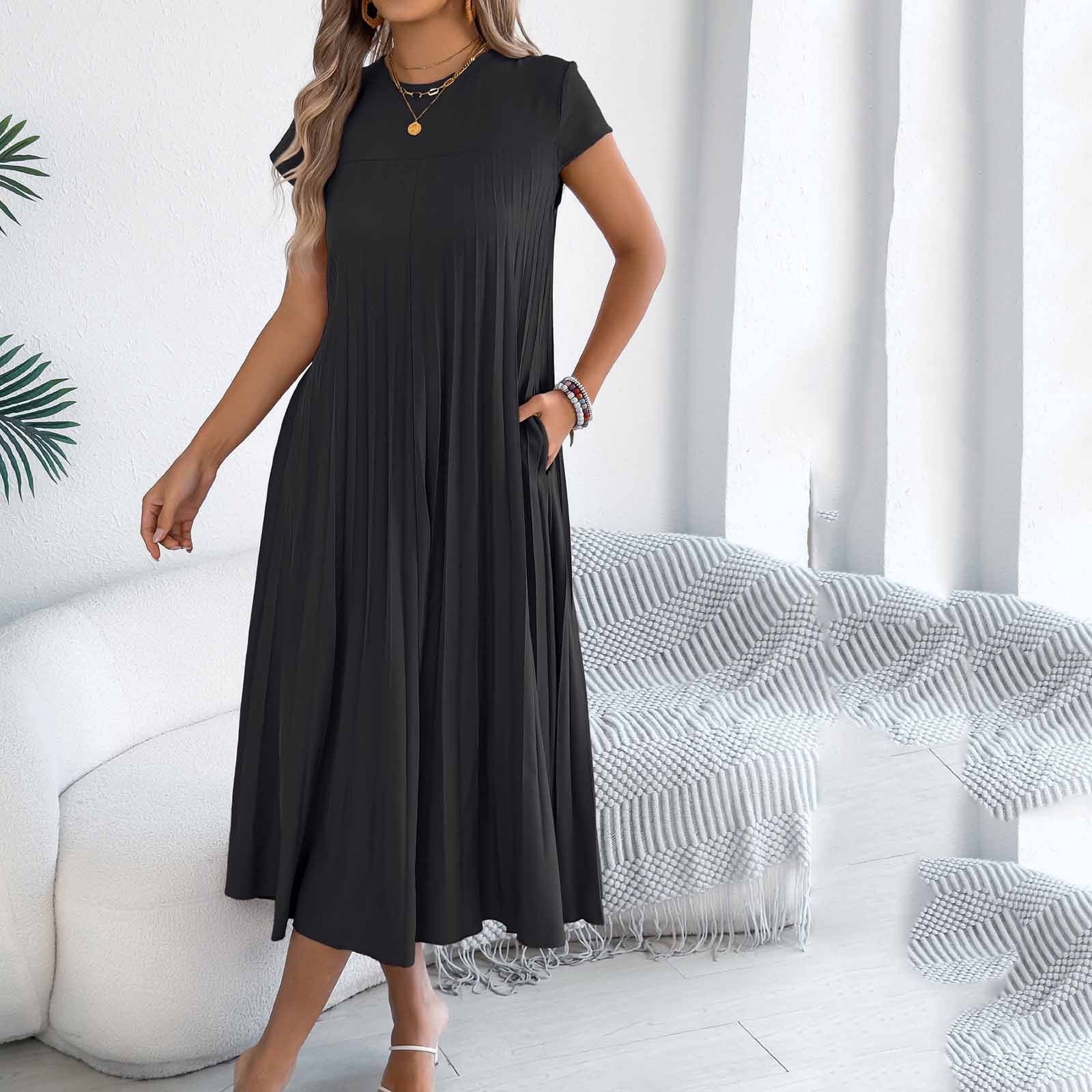 Censtreet Women's Casual Loose Plain Pleated Long Dress Round Neck ...