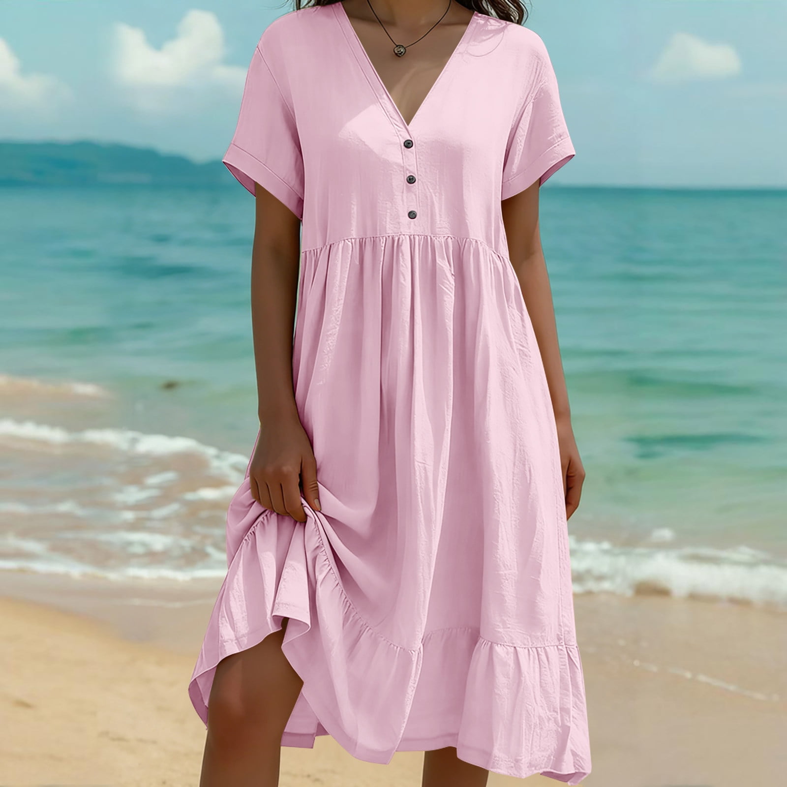 Censtreet Women's Fashion Solid Sleeveless V-Neck Button-Up Dresses ...