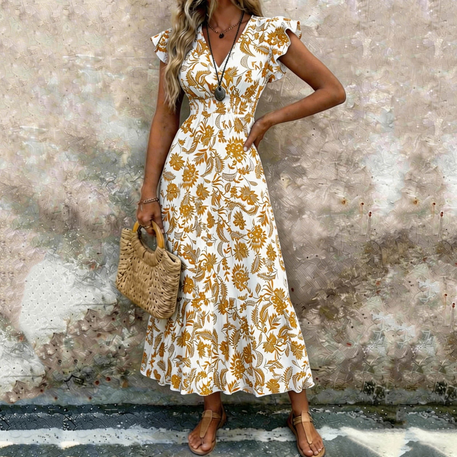 Censtreet Women's Floral Boho Long Sleeve Maxi Dress V Neck Empire ...