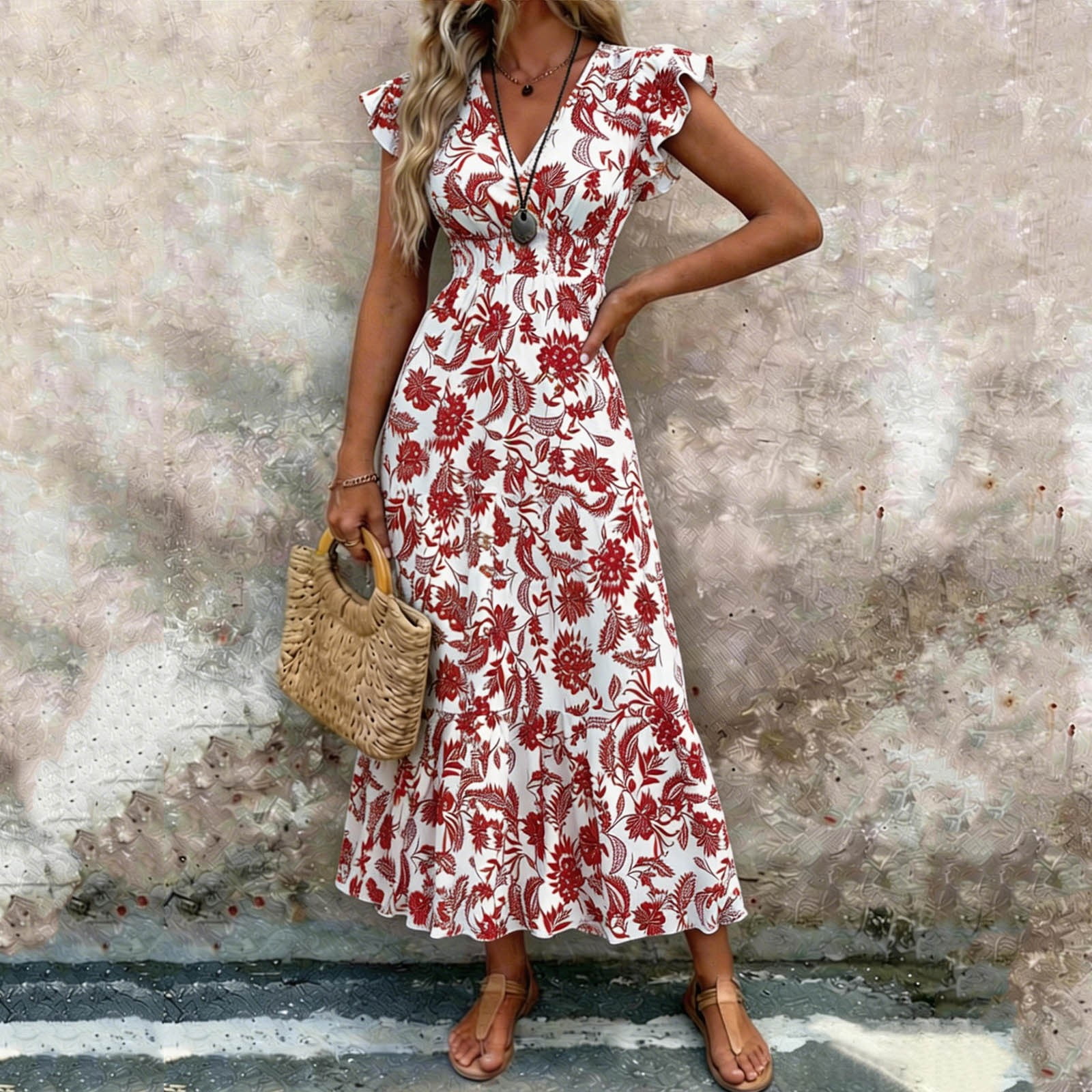 Censtreet Women's Floral Boho Long Sleeve Maxi Dress V Neck Empire ...