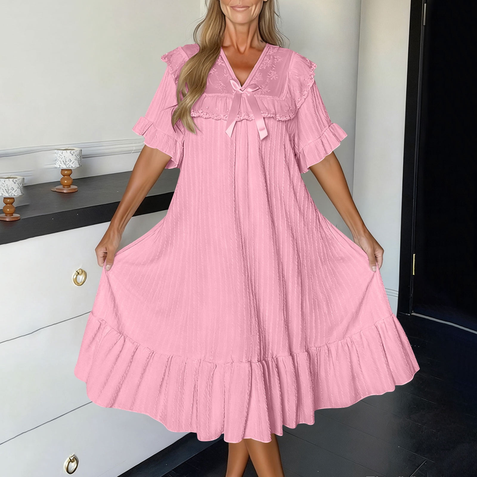 Censtreet Women's Pajama Dress, Short Sleeve V-Neck Sleepshirt with ...