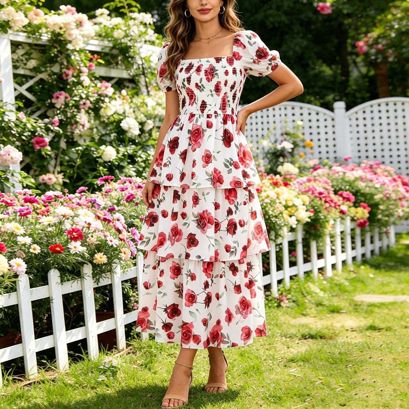 Censtreet Women's Summer Floral Long Dress 2026 Casual Flutter Pleated ...