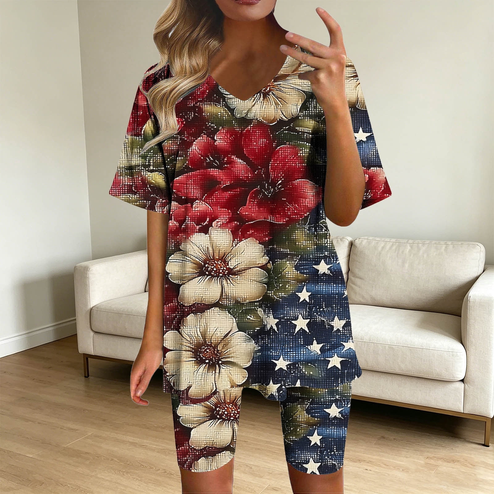 Censtreet Women's Thin Home Wear Set V Neck Short Sleeve and Shorts ...
