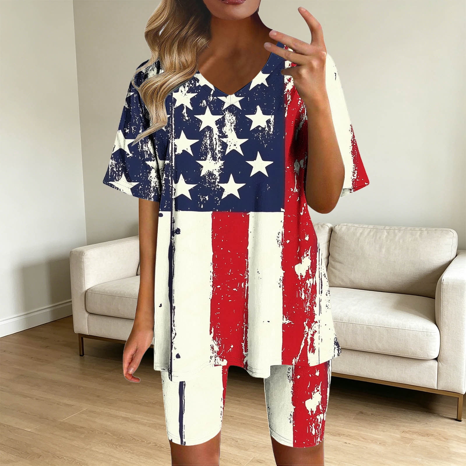 Censtreet Women's Thin Home Wear Set V Neck Short Sleeve and Shorts ...