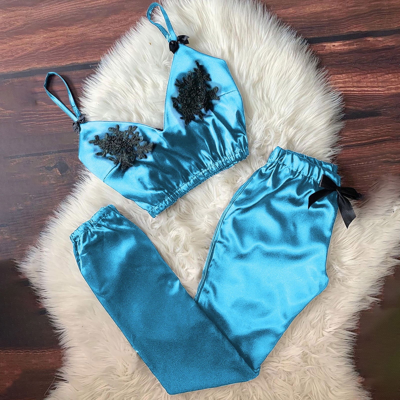 Censtreet Womens Blue Pajamas Set Lace Embroidered Cami Crop Top with ...
