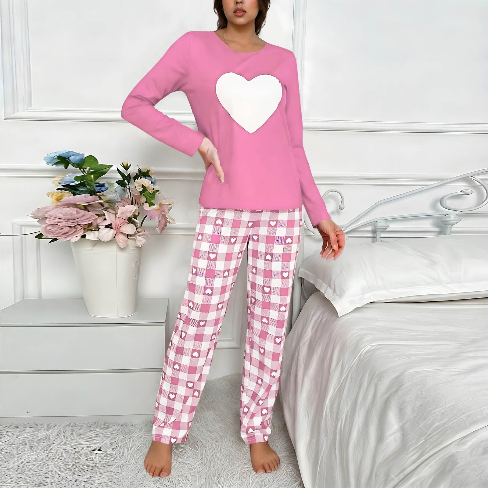 Censtreet Womens Pajama Sets Long Sleeve Pjs Lounge Set Heart Printed ...