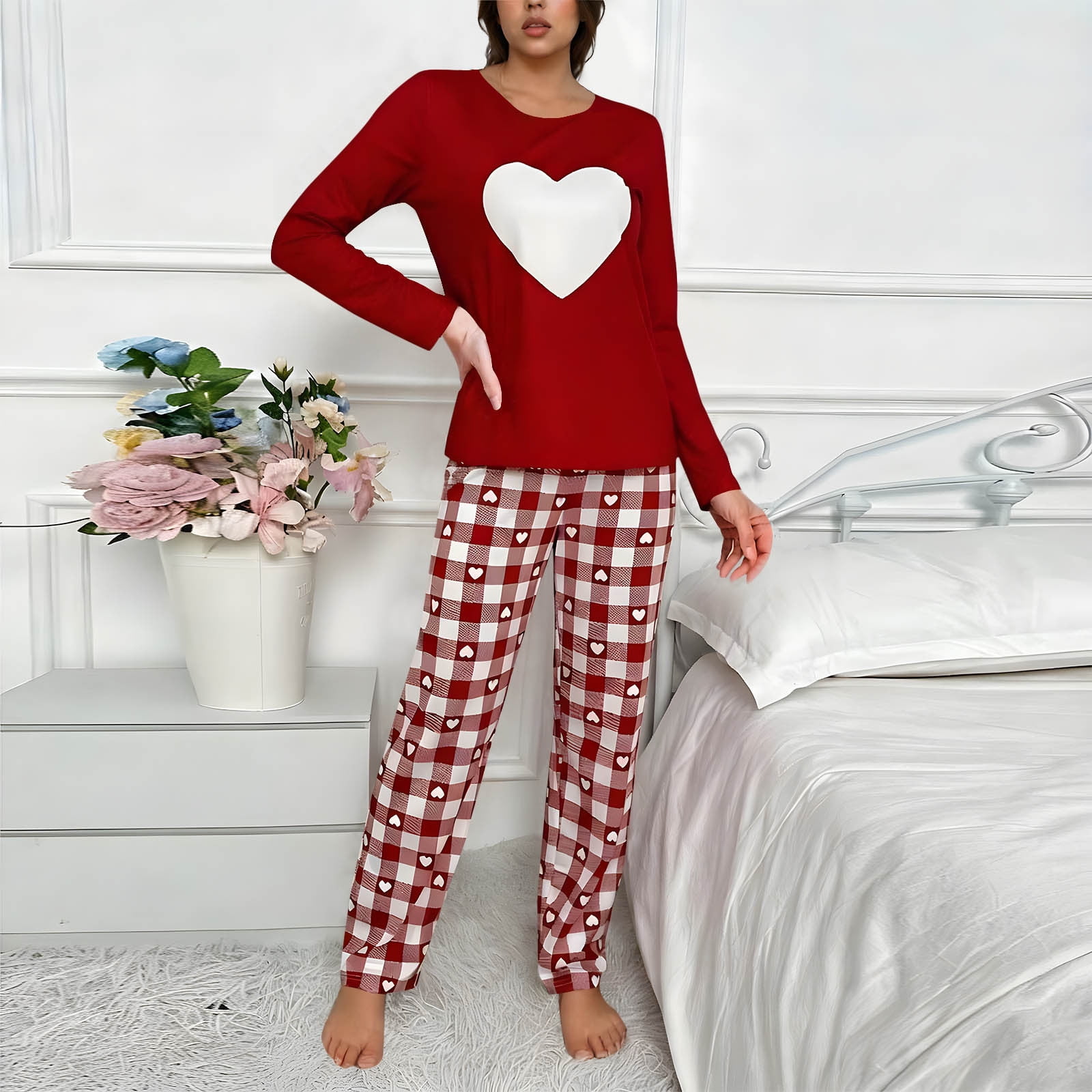 Censtreet Womens Pajama Sets Long Sleeve Pjs Lounge Set Heart Printed ...