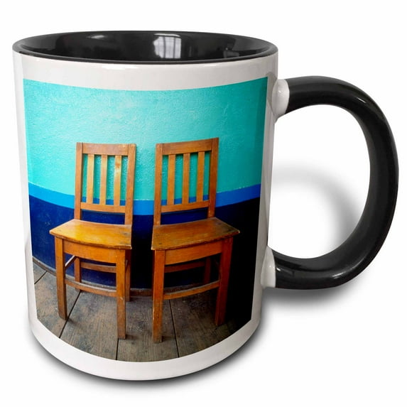 Central America, Guatemala. Two wooden chairs against blue wall 11oz ...