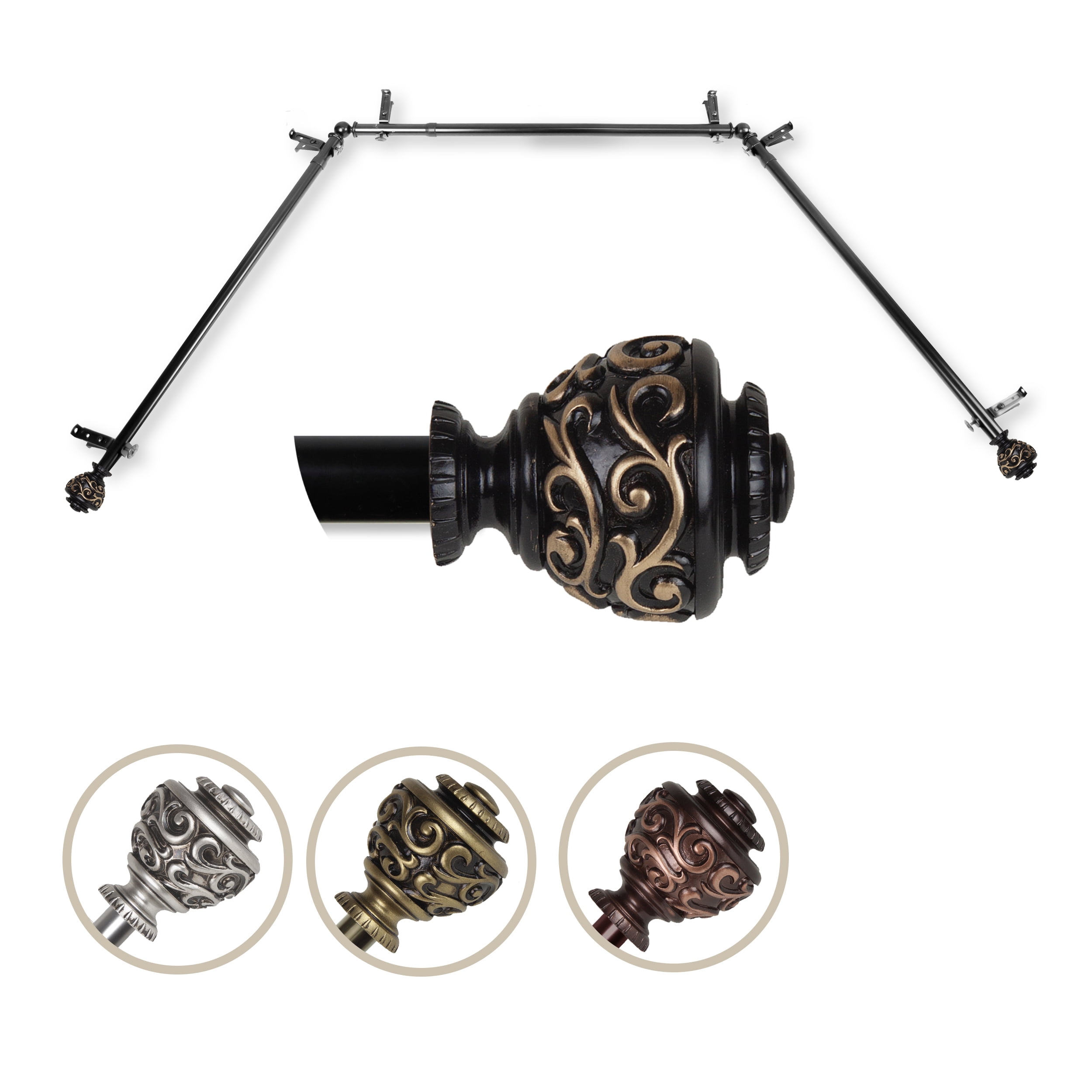 Central Design Harmony 0.8125 in. Black Bay Window Curtain Rod, Side ...