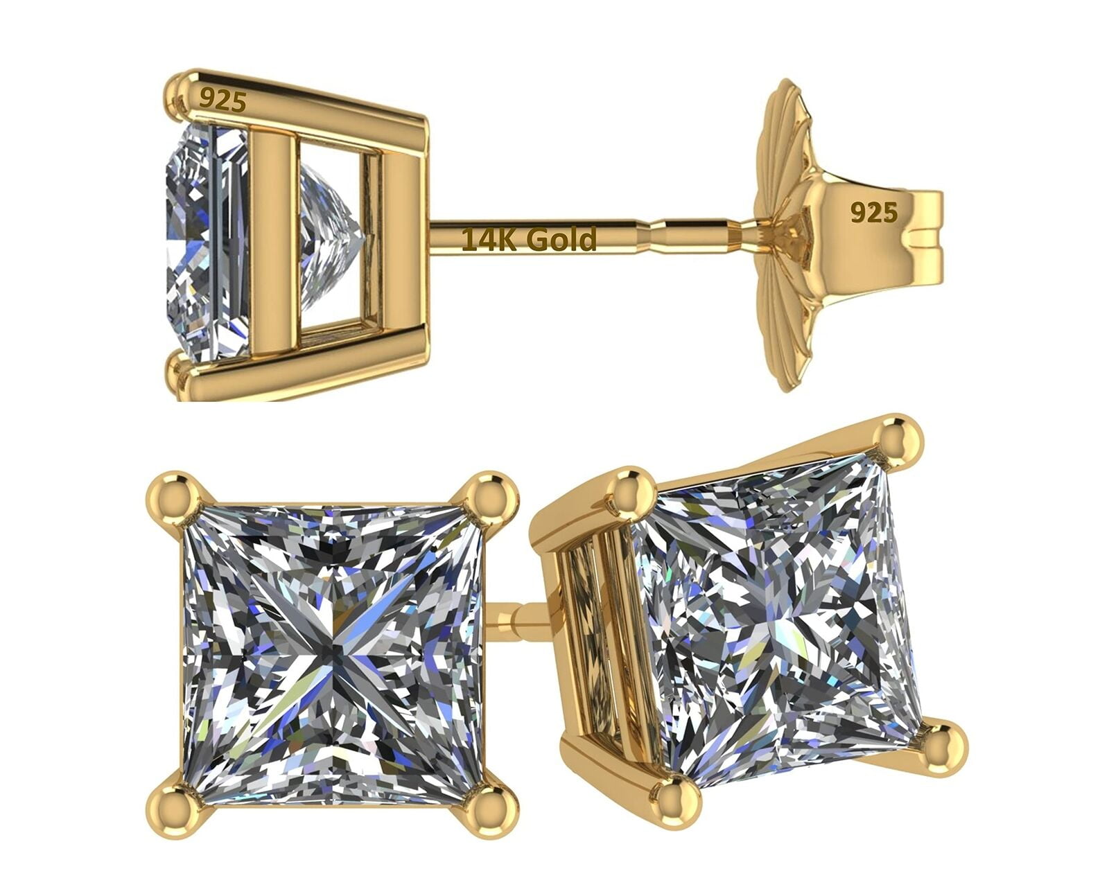 Central Diamond Center 14K Gold Posts Princess Cut Hypoallergenic Stud ...