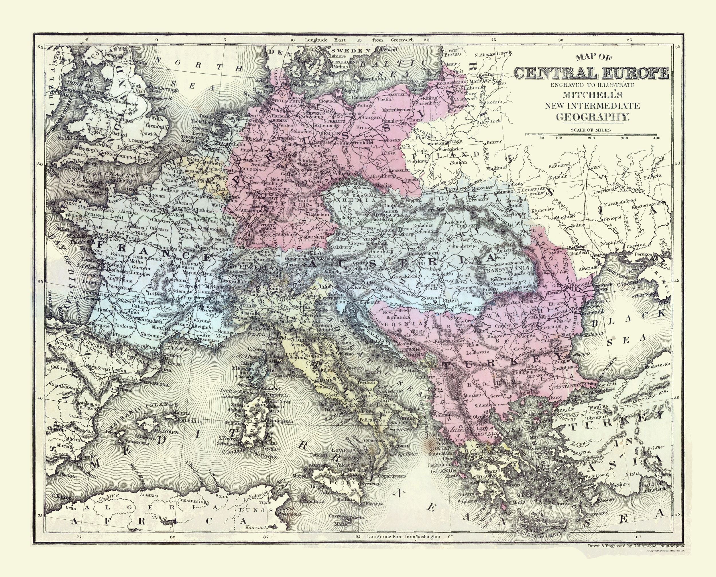 Historic Map - Central Europe - Mitchell 1877 - 28.55 x 23 - Vintage ...