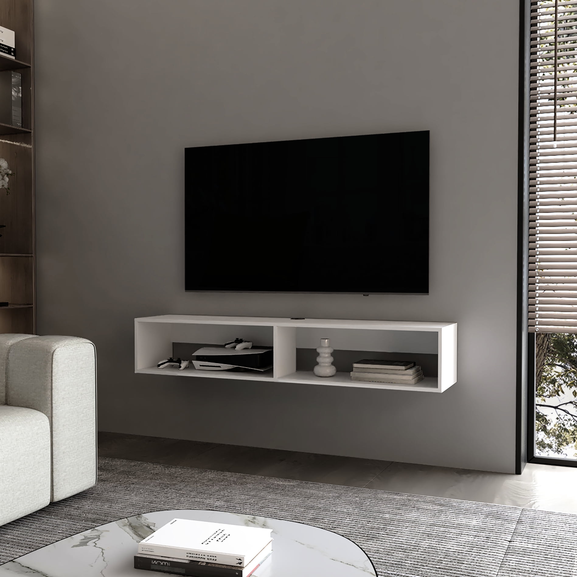 Central Floating Media Shelf In White - Maximize Your Living Space Two ...