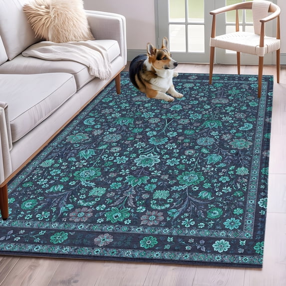 Central Floral Arabesque Area Rugs 4x6ft Rustic Teal Botanical Vines ...
