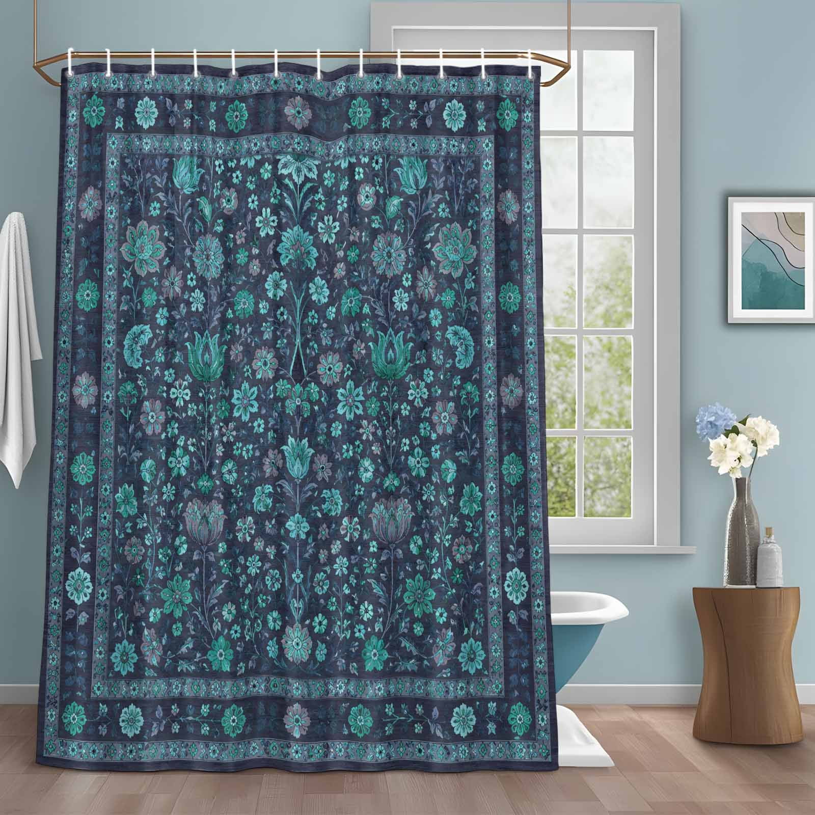 Central Floral Arabesque Shower Curtain with Hooks, Rustic Teal ...