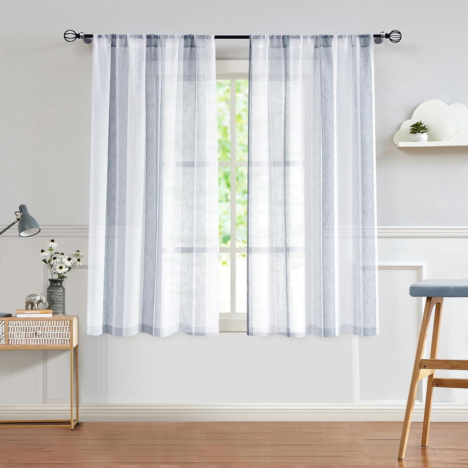 Central Park Sheer Navy Blue and White Stripe Farmhouse Curtains Boucle ...