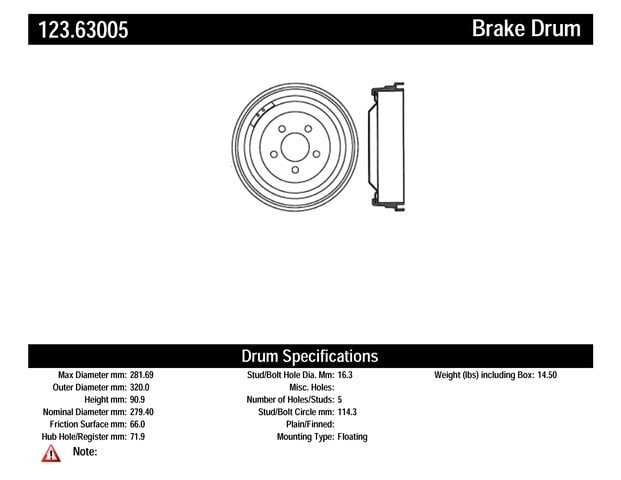 Centric Parts Brake Drum P/N:123.63005 Fits select: 1966 CHRYSLER ...