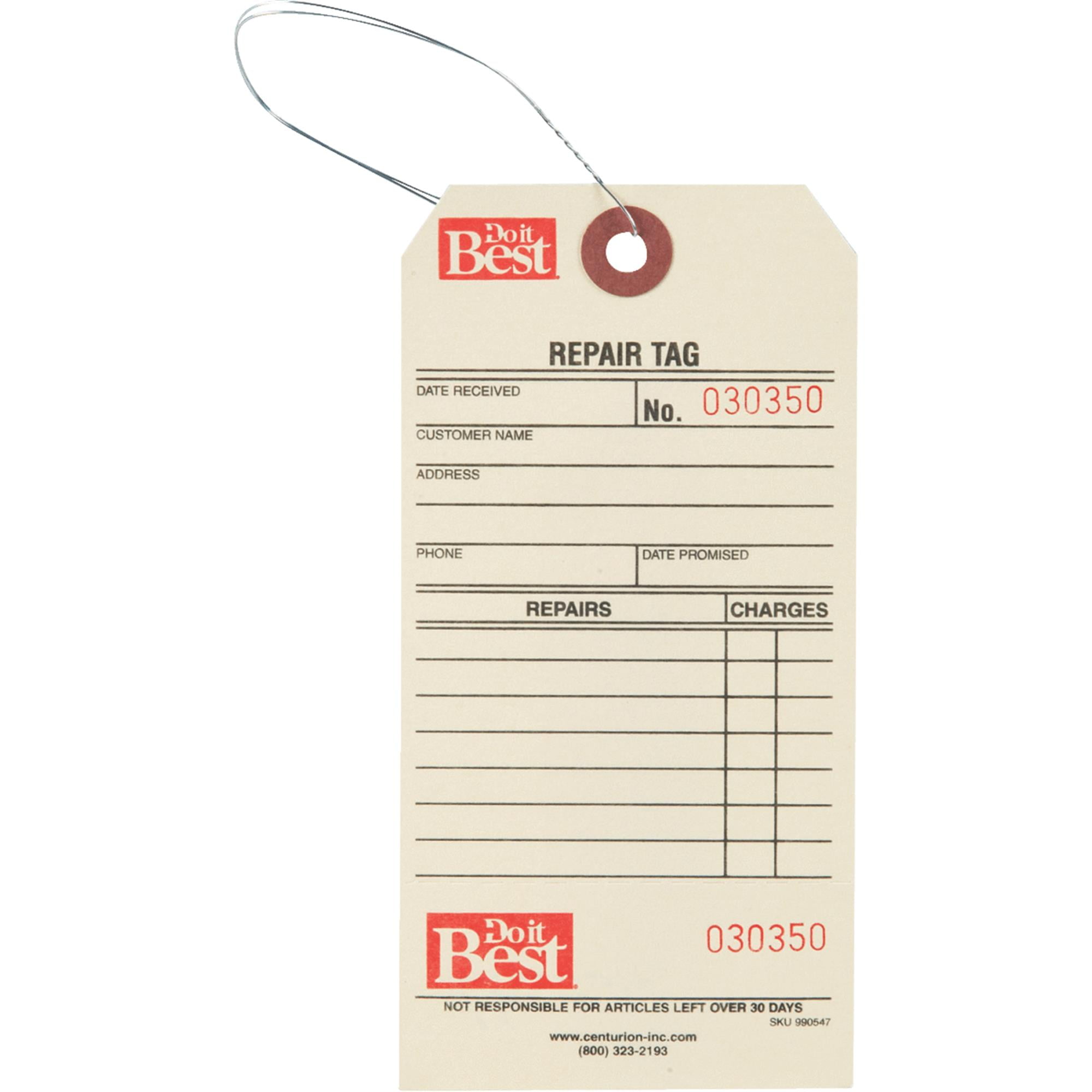 Centurion 1-Part Repair Tag with Wire for Tools, Numbered, Pack of 1000 ...
