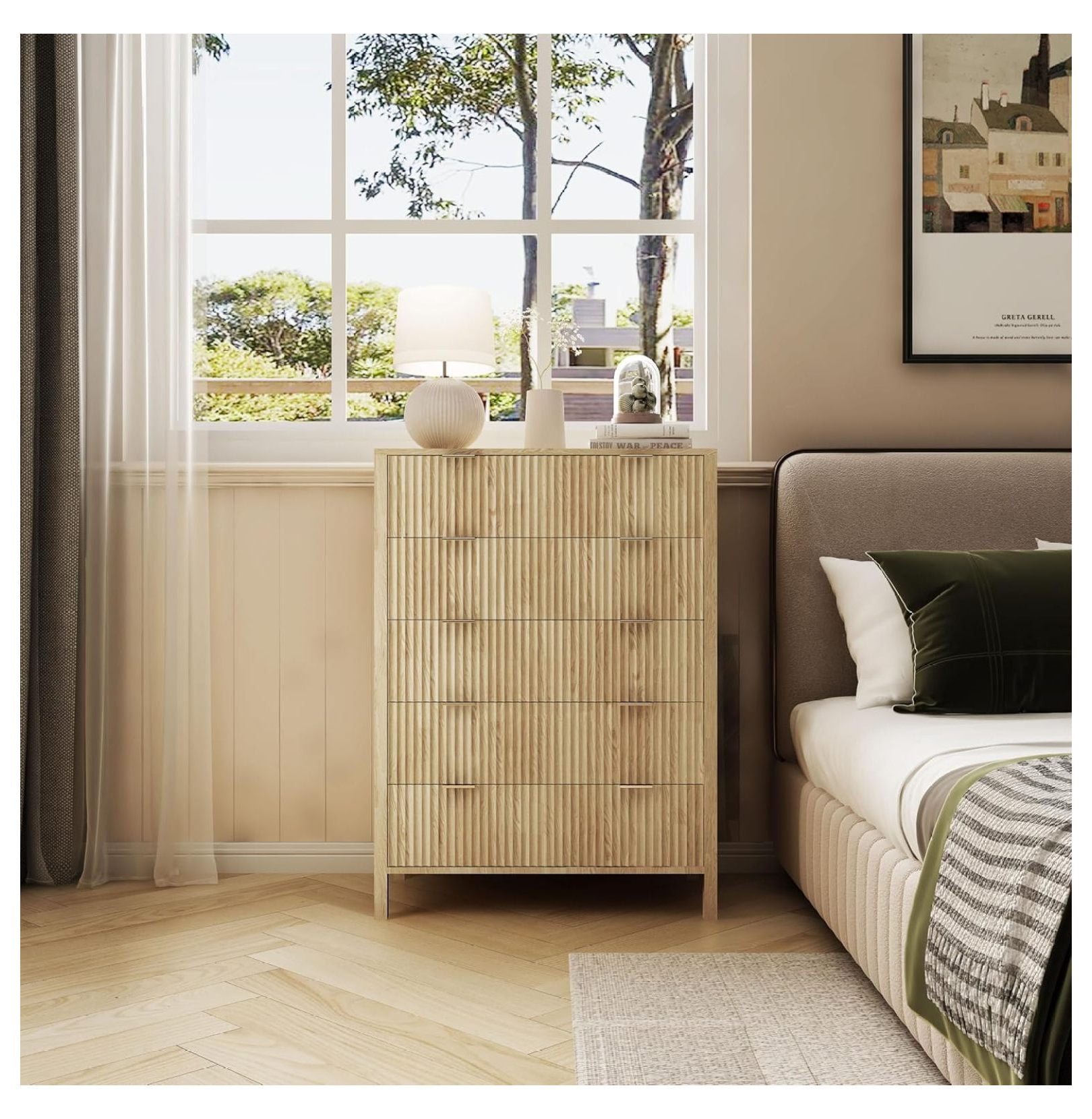 -Century 5 Drawers Bedside Table Storage Cabinet, Modern Nightstand with 5 Drawer and Solid Wood ...