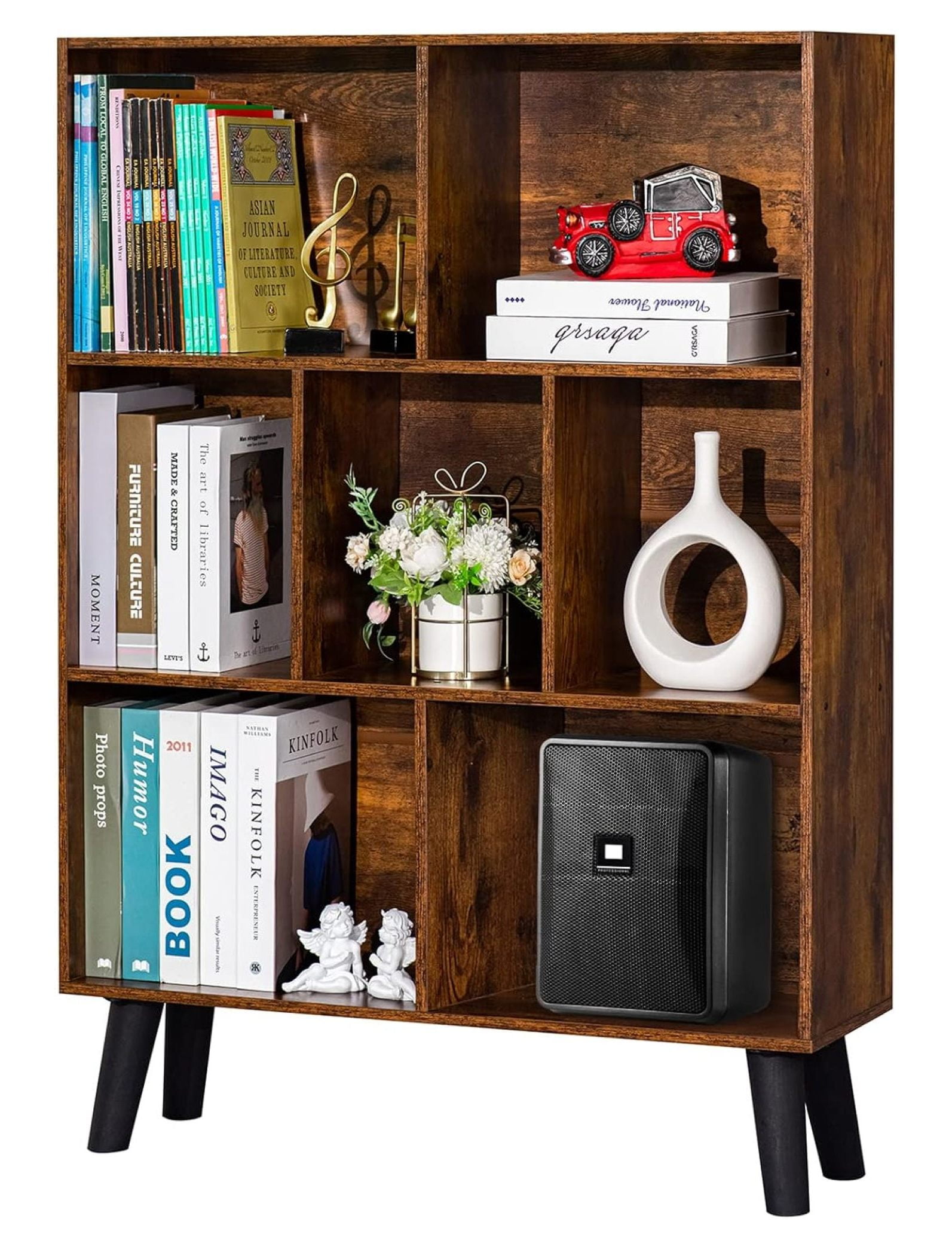Century 7 Cube Bookshelf,3 Tier Modern Bookcase with Legs,Rustic Brown ...