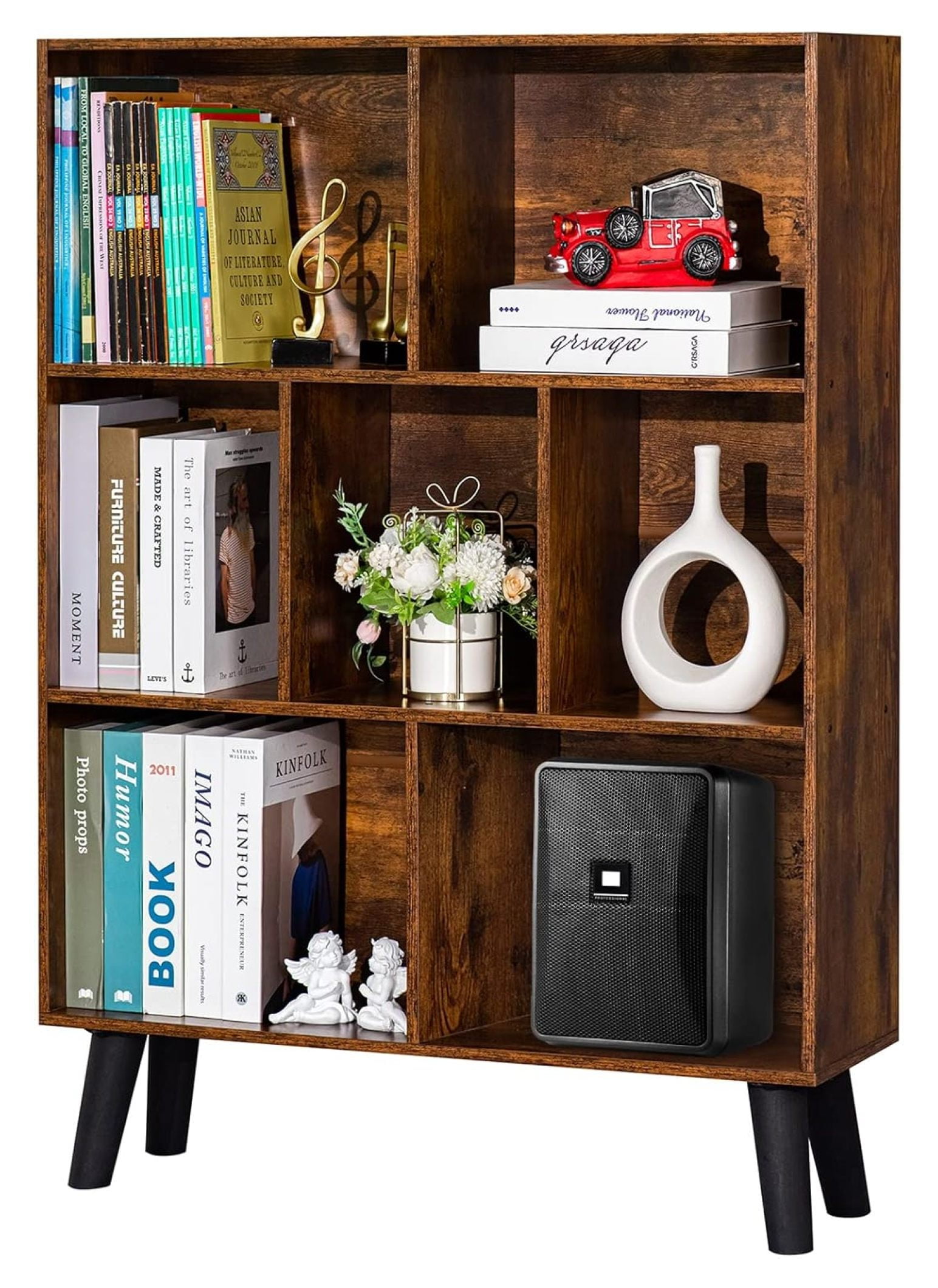 Century 7 Cube Bookshelf,3 Tier Modern Bookcase with Legs,Rustic Brown ...