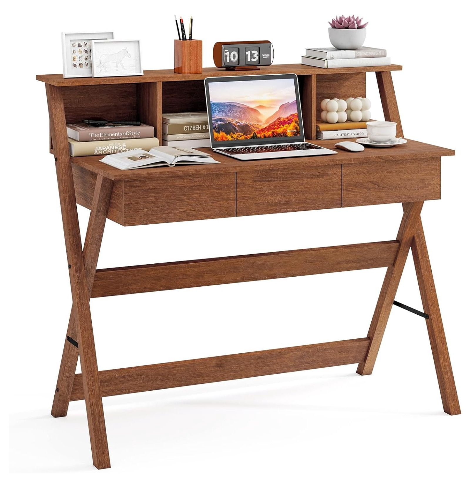 Century Desk with 3 Storage Drawers, Vintage Computer Desk with Monitor ...
