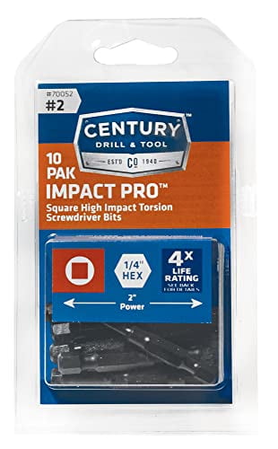 Century Drill & Tool 70052 Impact Screwdriver Bit #2 Square, 2", 10 ...