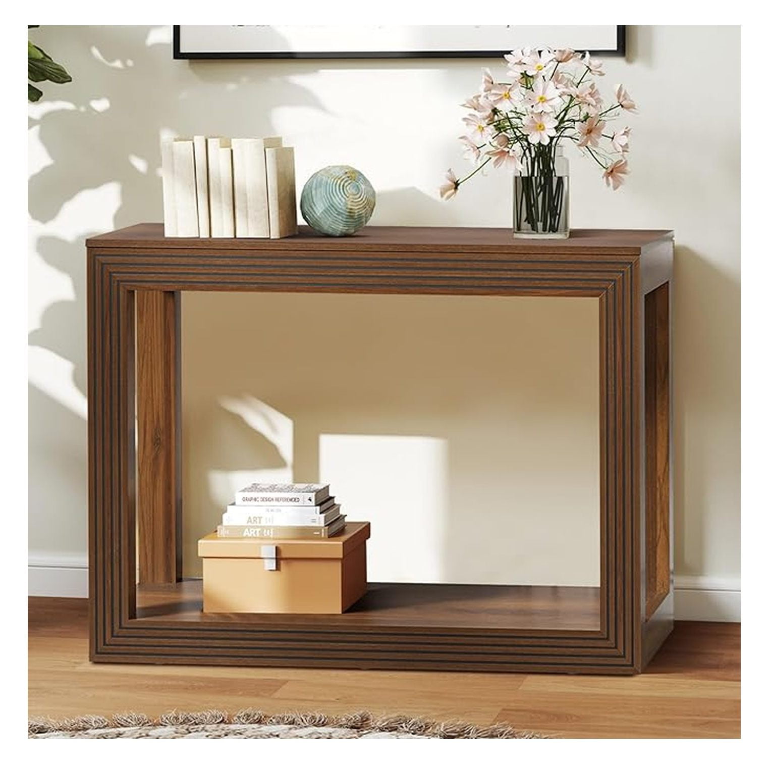 -Century Fluted Console Table with Storage, Narrow Wooden Entryway Sofa ...