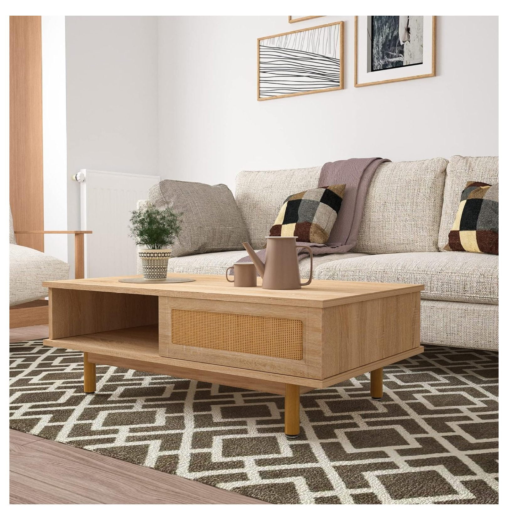 -Century Modern Coffee Table with Sliding Door, Rattan Wood Coffee Table for Living Room ...