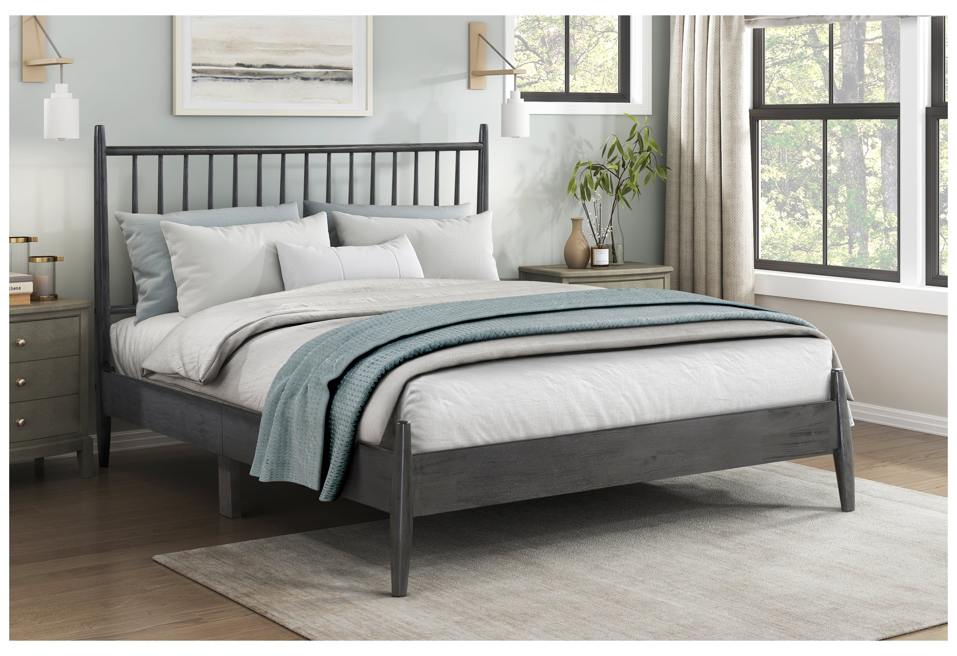 Century Modern Design Full Platform Bed, Gray Finish, Vertical Slats ...