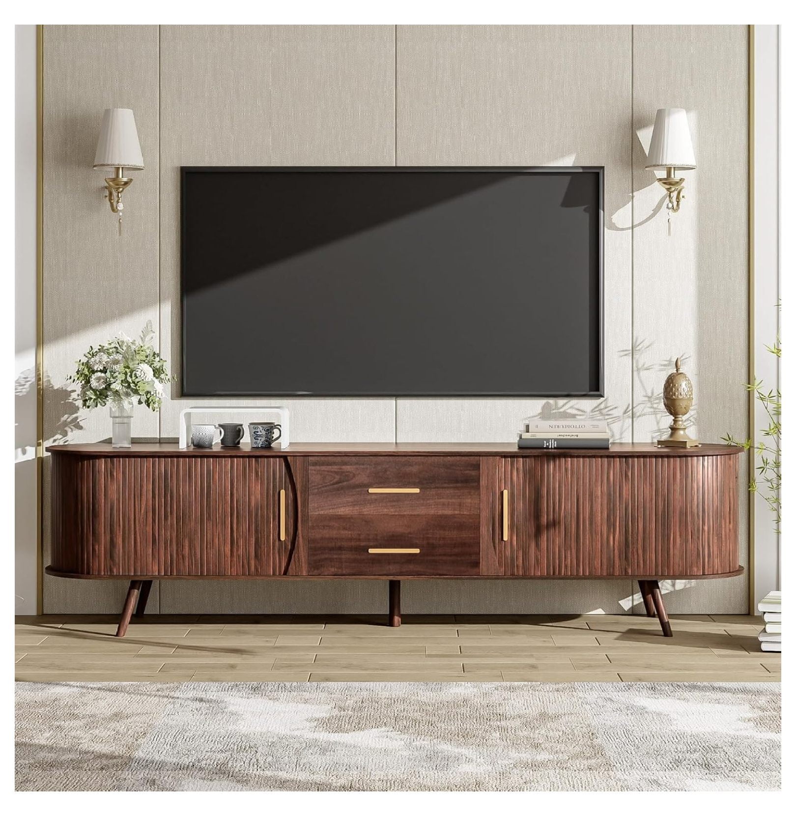 -Century Modern Fluted TV Stand for 75" TV, Wood Entertainment Center ...