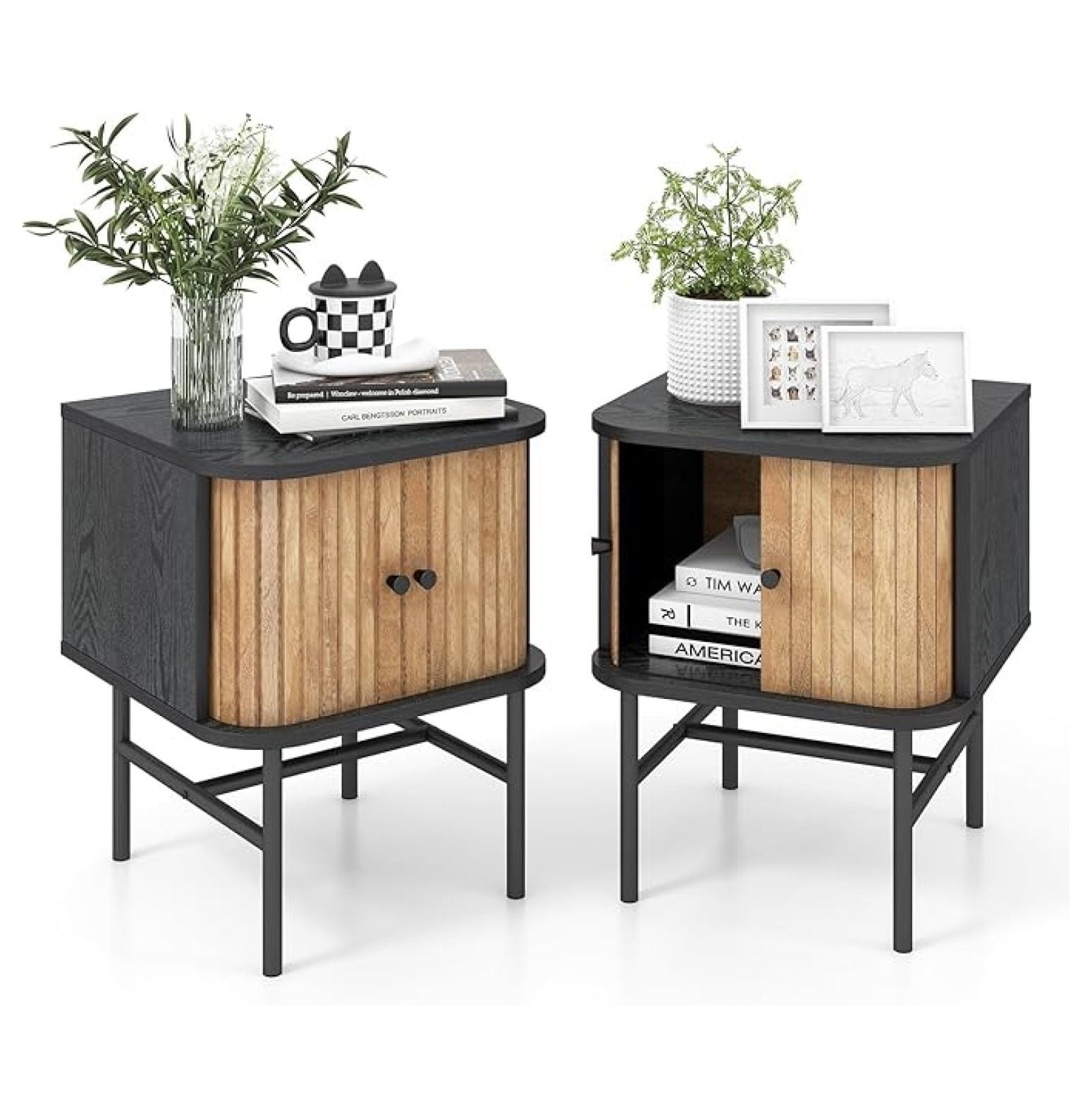 -Century Modern Nightstand Set of 2, Wood Bedside Tables with Sliding ...