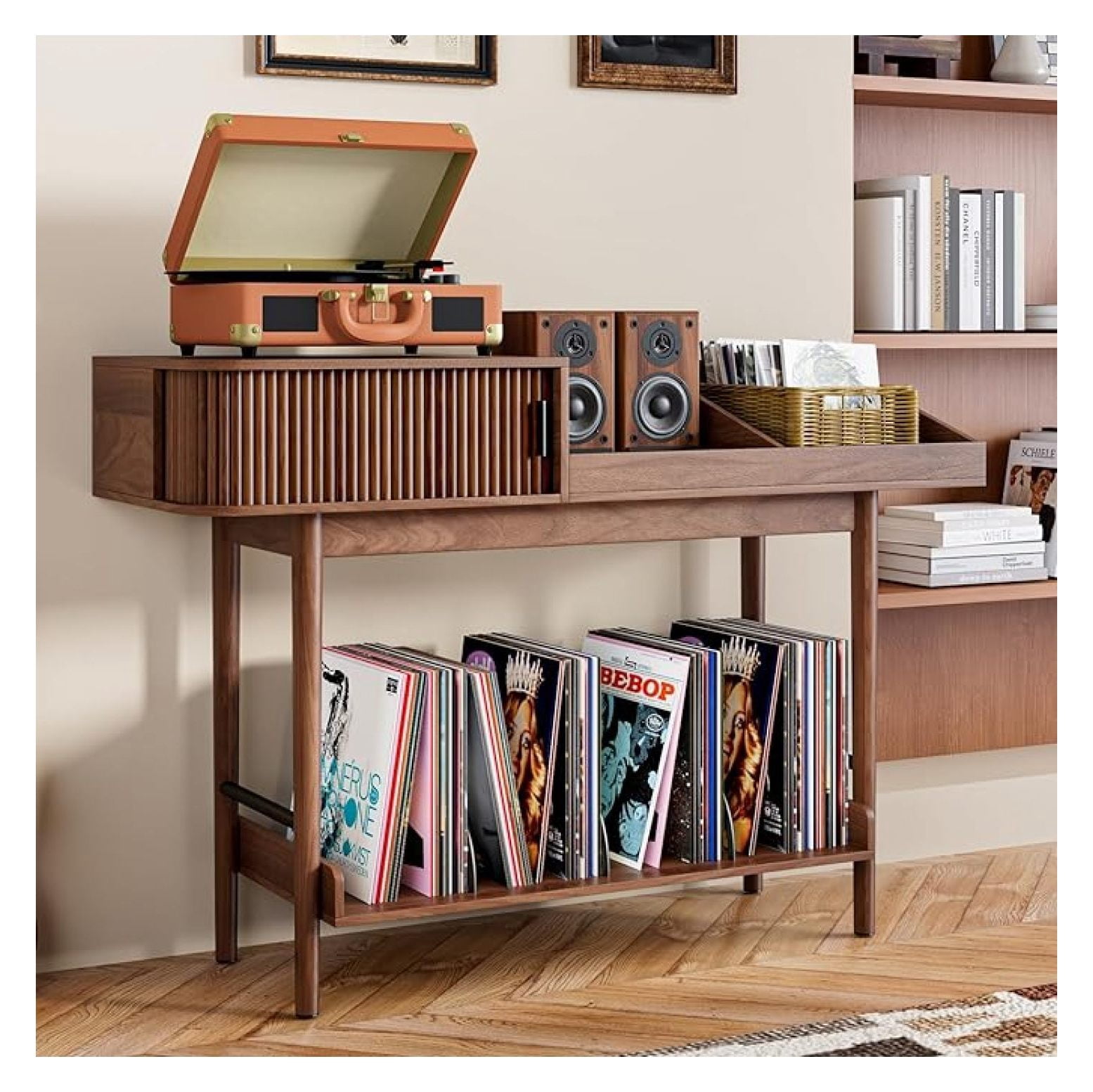 Century Modern Record Player Stand, Vinyl Record Storage with Fluted ...
