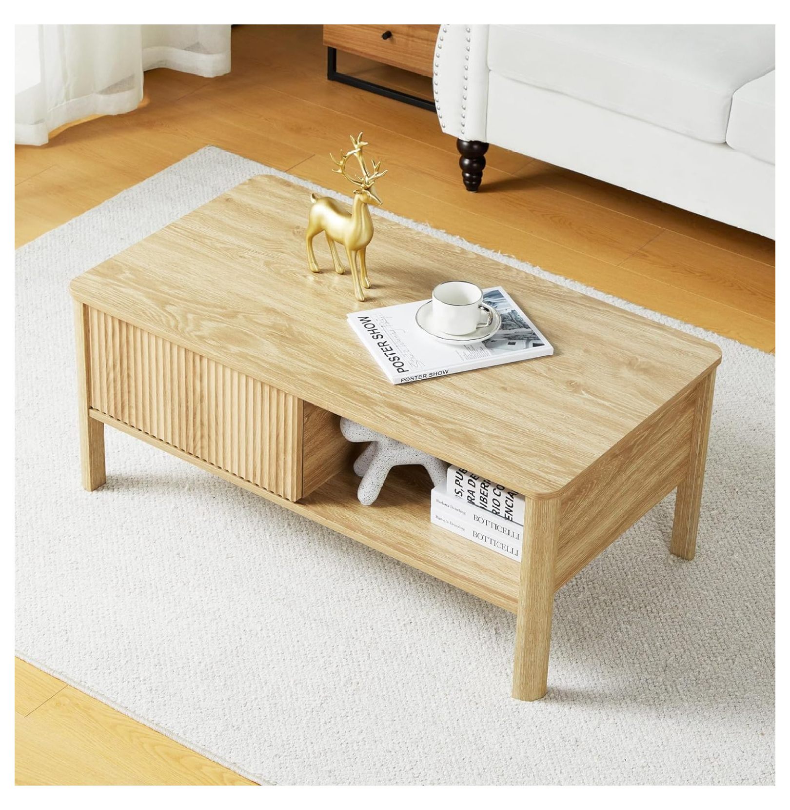-Century Modern Rectangular Wood Coffee Table with Dual Storage Shelf ...