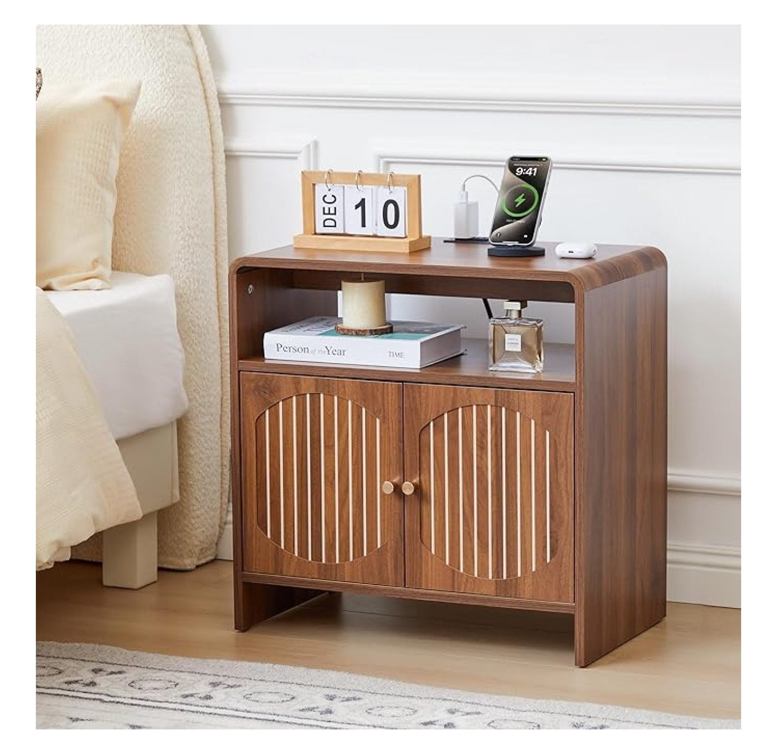 Century Nightstand with Charging Station, Classic Striped Wood End ...