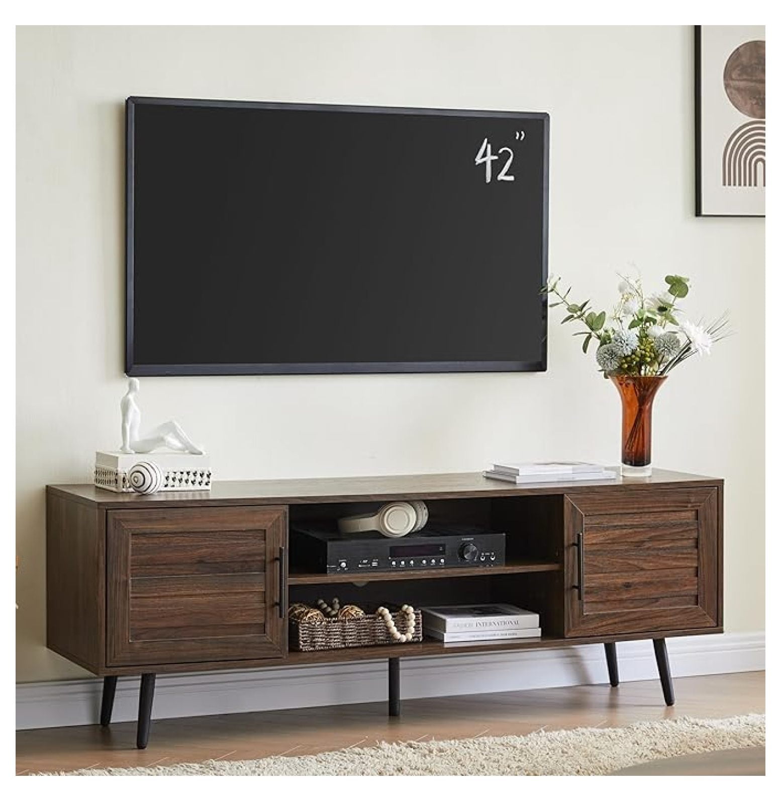 Century Style Modern Walnut TV Stand for 65 inch tv, Wood Entertainment ...