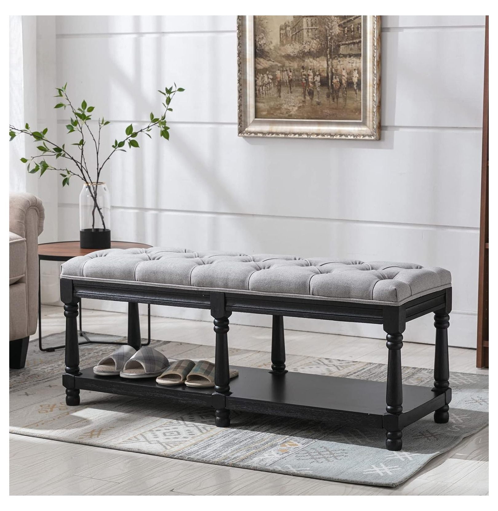 -Century Tufted Storage Bench with Shelf, Linen Upholstered Farmhouse ...