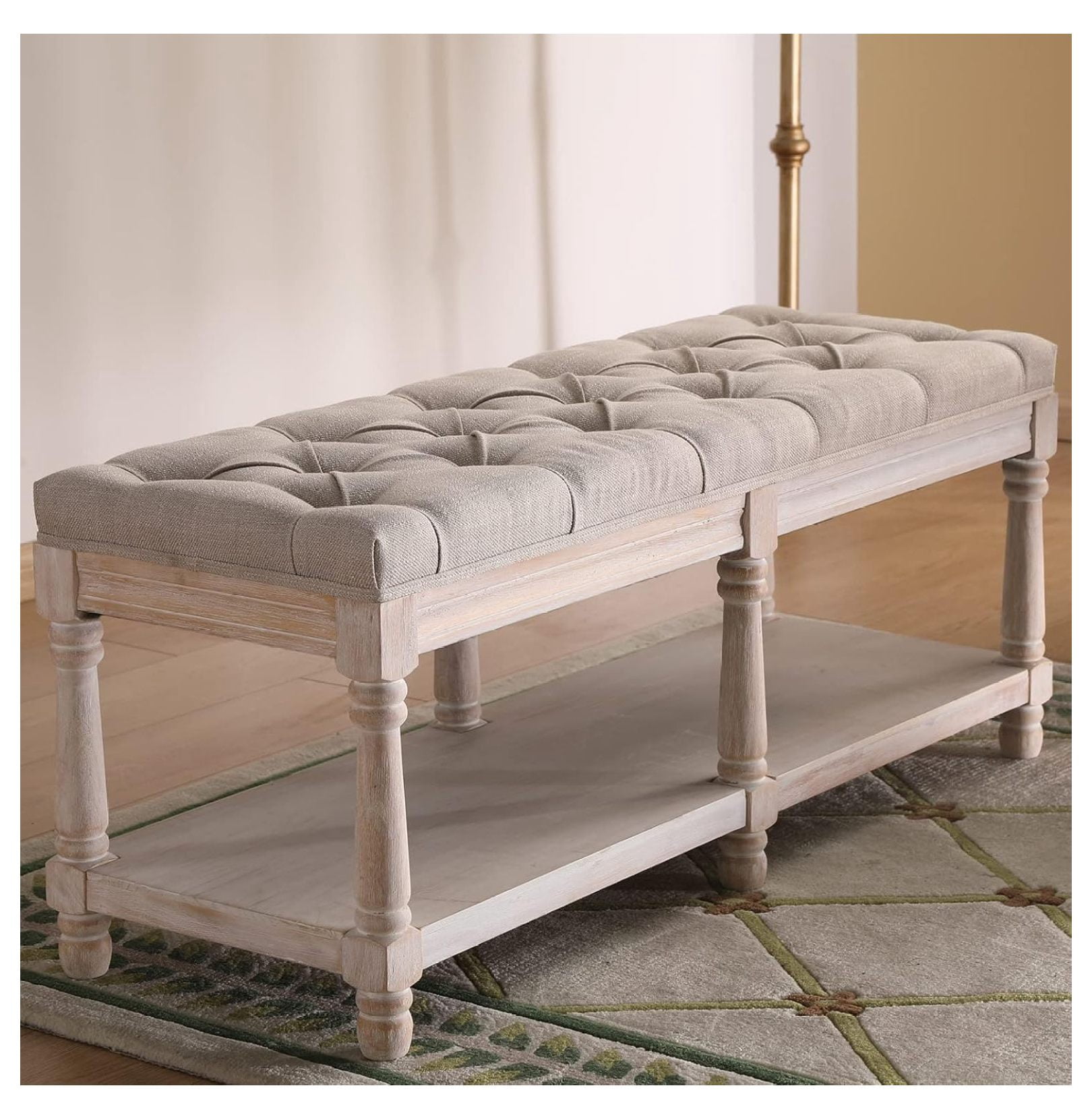 Century Tufted Storage Bench with Shelf, Linen Upholstered Farmhouse ...