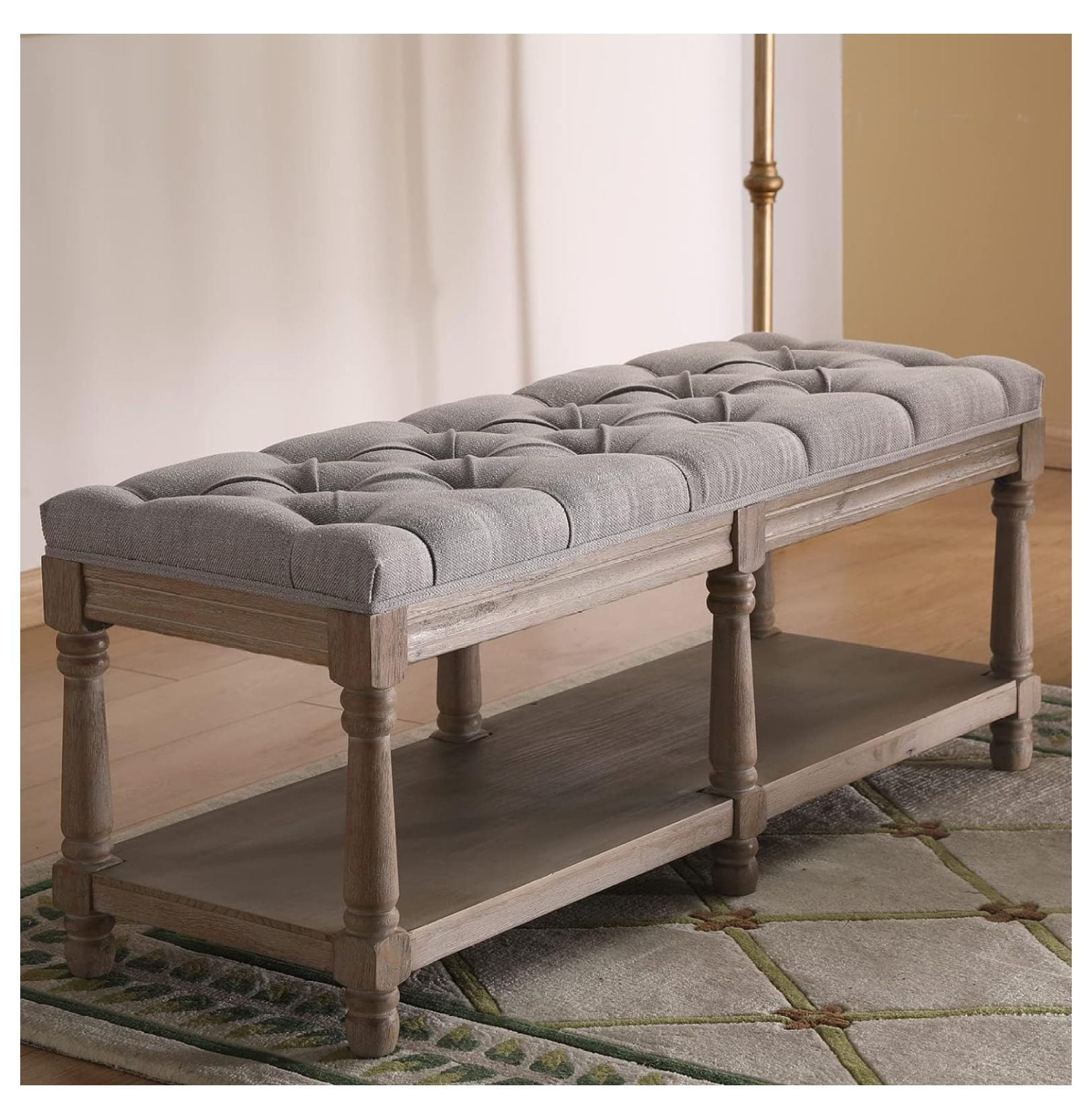 Century Tufted Storage Bench with Shelf, Linen Upholstered Farmhouse ...