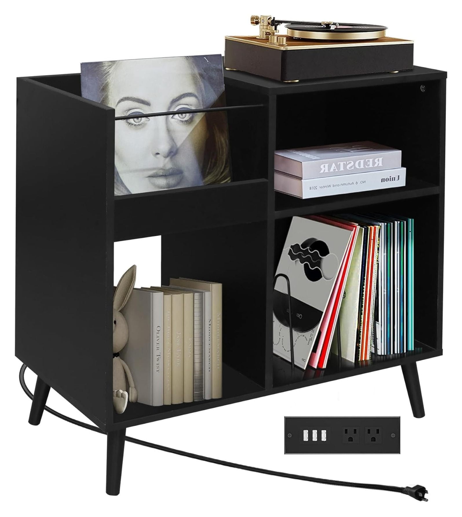 -Century Vinyl Storage Cabinet Table with Solid Wood Legs, Turntable ...